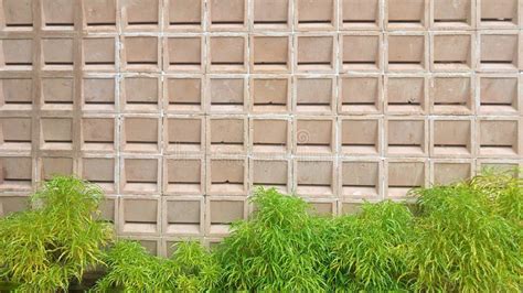 Textured Brick Wall With Grid Pattern And Lush Green Plants Blending