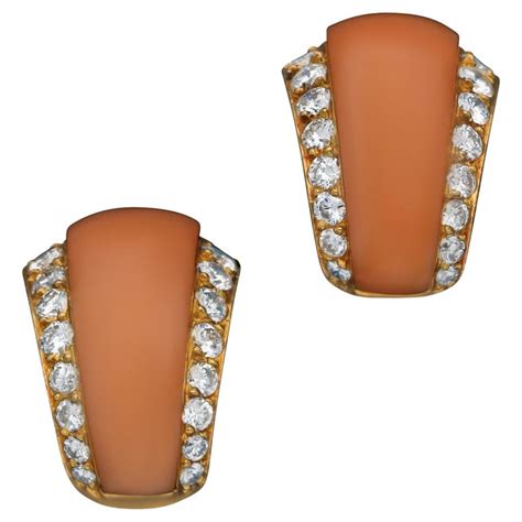 Van Cleef And Arpels Elegant Pair Of Fan Shaped Coral And Diamond Ear Clips Ci At 1stdibs