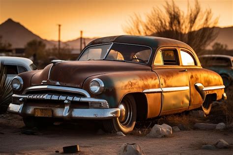 Premium Photo A Rusty Old Car Sits In A Desert Setting