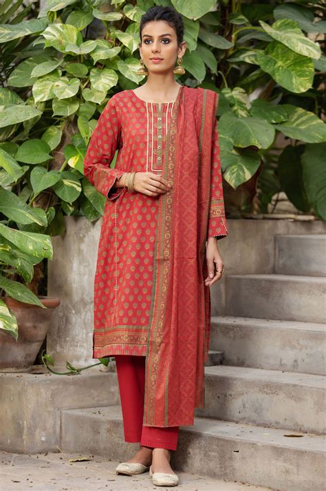 Unstitched 3 Piece Printed Gold And Colored Paste Lawn Suit Zeenwoman