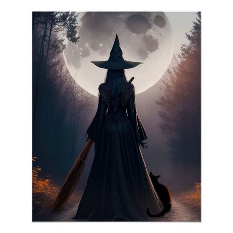 Halloween Witch Moon Black Cat Whimsical Gothic Poster Zazzle