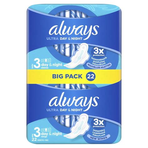 Always Serviette Hygiénique Avec Ailettes Ultra Day And Night 22 Serviettes