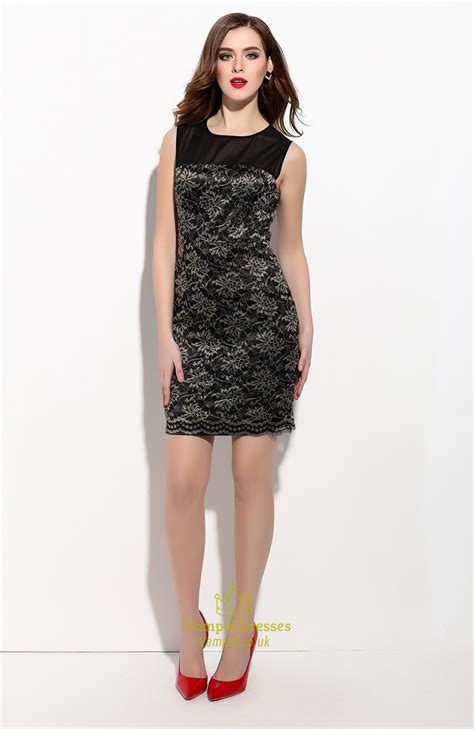 Black Sleeveless Short Sheath Cocktail With Lace Applique Vampal Dresses