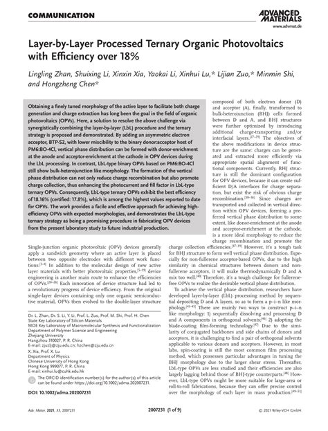 Layer By Layer Processed Ternary Organic Photovoltaics With Efficiency Over 18 Request Pdf