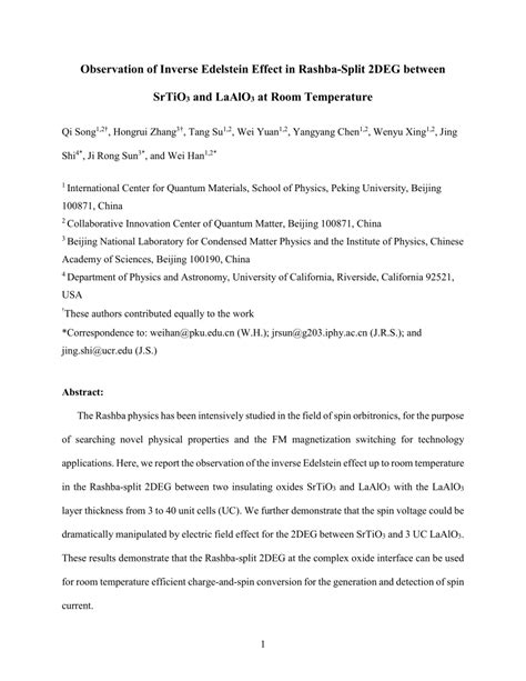 Pdf Observation Of Inverse Edelstein Effect In Rashba Split 2deg Between Srtio3 And Laalo3 At
