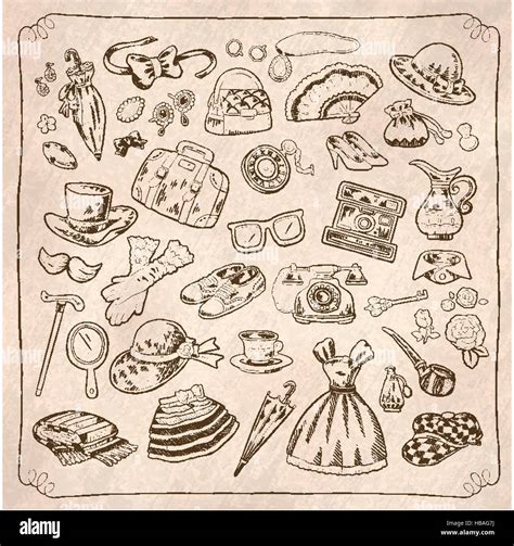 Retro Hand Drawn Style Fashion Elements In Thin Line Stock Vector Image