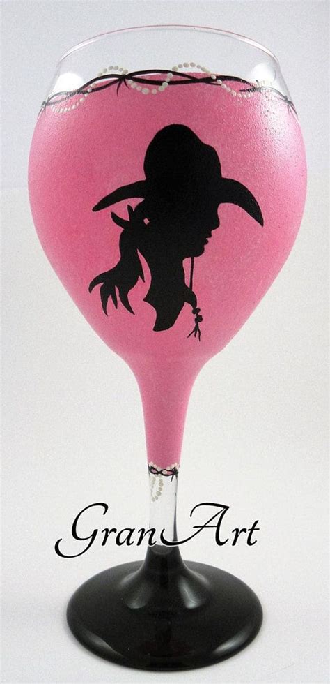 Cowgirl Up Pink Wine Glass Western Cowgirl Silhouette By Granart Wine