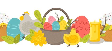흰 배경에 버드 나무 여러 가지 빛깔의 달걀 케이크와 닭고기 수평 부활절 패턴 플랫 스타일의 벡터 일러스트레이션 4월에 대한