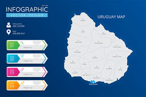 위치 포인터 표시가 있는 우루과이 지도 분할 도시 및 자본 인포 그래픽 벡터 템플릿이있는 높은 상세한 국가지도 0명에 대한 스톡 벡터 아트 및 기타 이미지 Istock