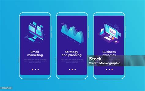 Set Of Onboarding Screens For Mobile Apps Banners With Monitors Screen And Graph Demonstrating