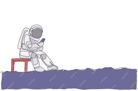 Premium Vector One Continuous Line Drawing Young Spaceman On Spacesuit Siting On Chair And