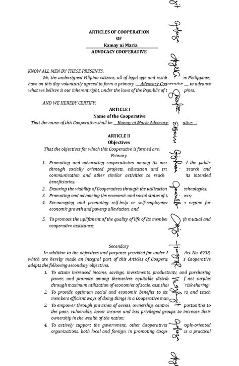 Cooperative Output Ddsw Articles Of Cooperation Of Kamay Ni Maria Advocacy Cooperative Know