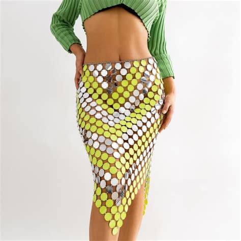 Jupe Mini jupes scintillantes à paillettes pour femmes mode Egirl Sexy coloré ajouré fond
