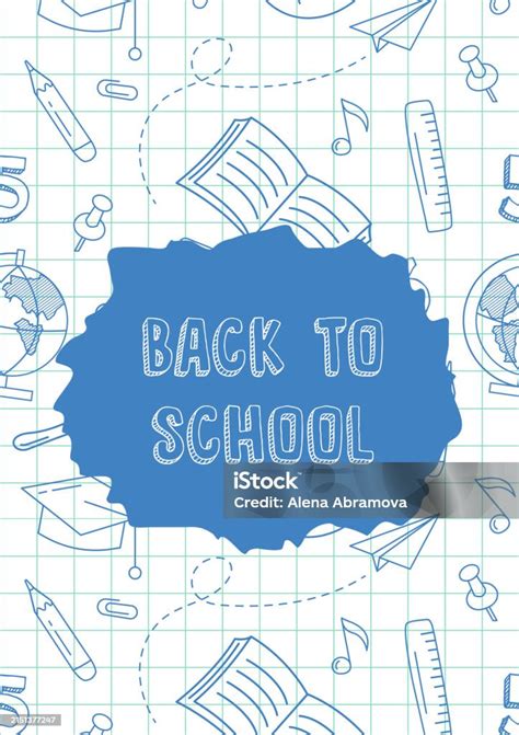 Doodle School Supplies로 학교 배경으로 돌아 가기 낙서가 있는 체크무늬 노트북 원활한 배경 학교로 돌아갑니다