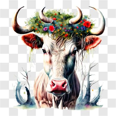Descarga Hermosamente Decorada Vaca Con Flores En Sus Cuernos PNG En