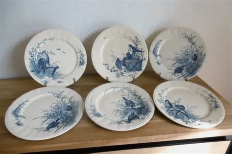 SIX ASSIETTES PLATES FAIENCE GIEN ANCIENNE DECOR OISEAU ème Lot EUR PicClick FR