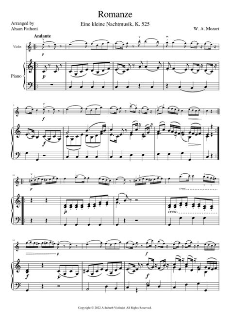 Romanze From Eine Kleine Nachtmusik K 525 For Violin And Piano Arr