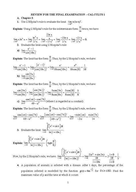 Review For The Final Test Calculus 1 Review For The Final Examination Calculus 1 A