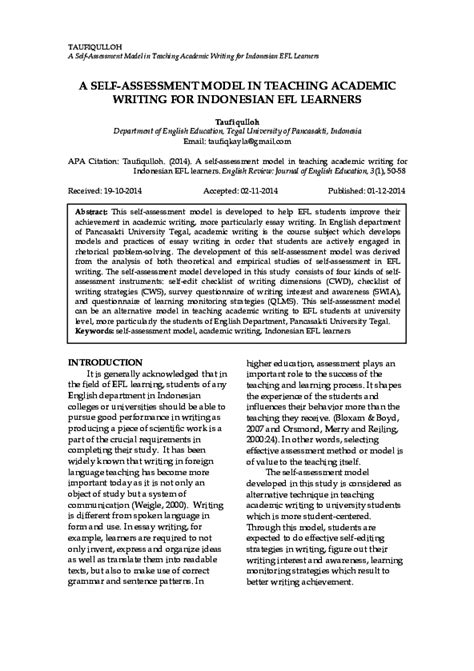 Pdf A Self Assessment Model In Teaching Academic Writing For Indonesian Efl Learners