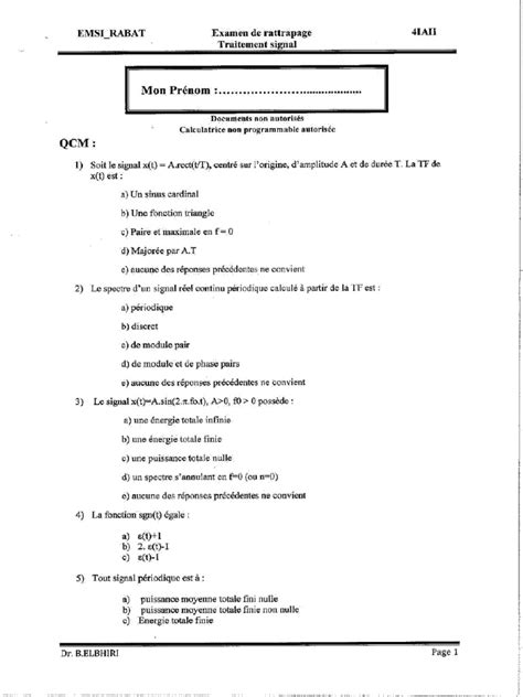 Examen Traitment De Signal Pdf