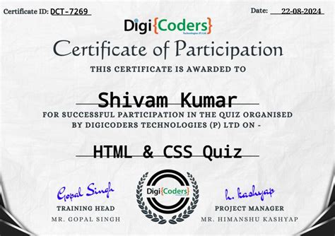Participate In Html And Css Quizzes In Digicoders Technologies Private Ltd Shivam Kumar