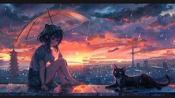Anime Girl Sitting On A Ledge With An Umbrella And A Cat Premium Ai