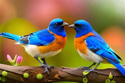 Premium Photo Two Birds On A Branch With A Pink Flower In The Background