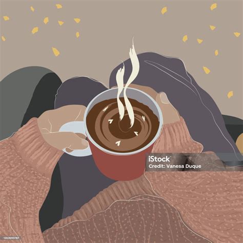 스웨터를 입은 여성은 안락의자에 앉아 커피 한 잔을 손에 들고 앉아 있다 머그잔을 들고 가을과 겨울 그림 안감 이면 예술 플랫