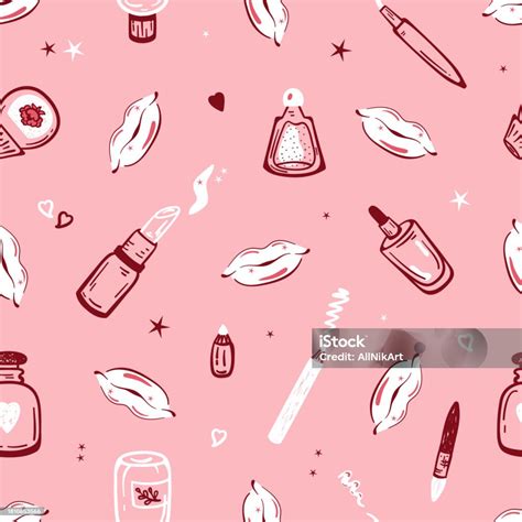 메이크업 원활한 핑크 패턴 화장품 손으로 그린 낙서 입술 립스틱 립 라이너 뷰티 및 패션 아이템 벡터 일러스트 레이 션 립라이너에 대한 스톡 벡터 아트 및 기타 이미지