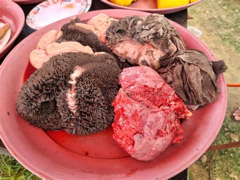 Fresh Cow Offal Is Placed On A Tray At A Fresh Market In Thailand Stock