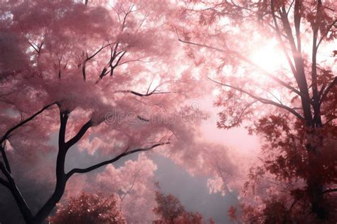 Trees In The Mist At Sunrise Closeup Of Photo Stock Illustration