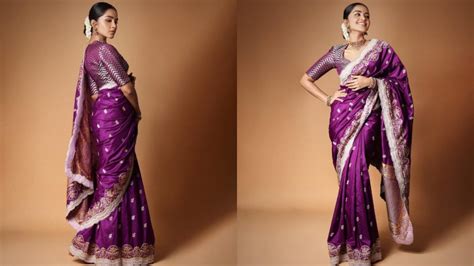 Anupama Parameswaran Create Magic In Purple Saree Gold Necklace Set
