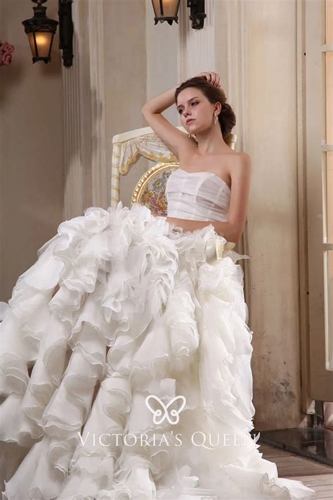 Ivory Cascading Ruffled Organza Sheath Wedding Gown Vq