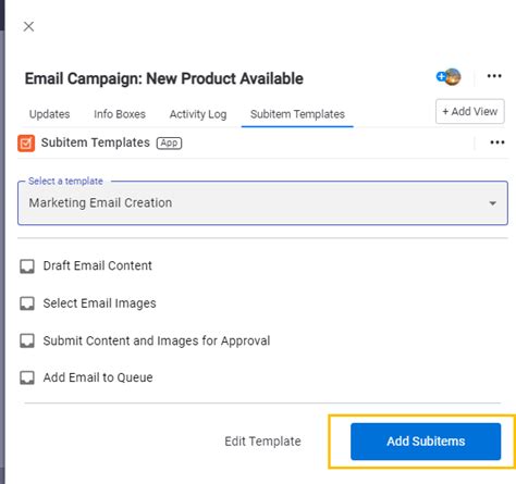 Applying A Subitem Template To A Main Task Item Billow Support