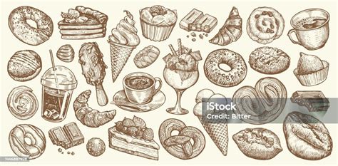 카페 또는 레스토랑 메뉴에 대한 음식 및 음료 스케치 세트 손으로 그린 컬렉션 달콤한 디저트 빈티지 벡터 일러스트 레이 션 냉동식품에 대한 스톡 벡터 아트 및 기타 이미지