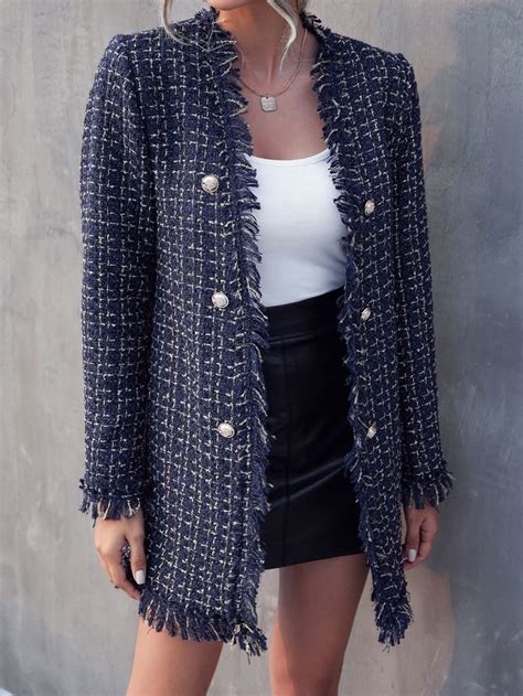 Double Breasted Raw Cut Plaid Tweed Overcoat Tweed Coat Outfit Tweed Jacket Outfit Tweed