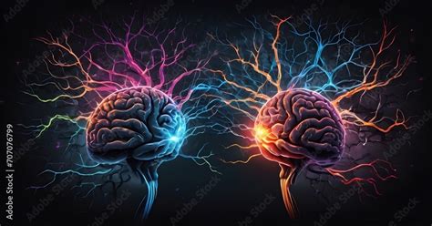 Abstract art of human brain made by neon glow. Colorful neuron system ...