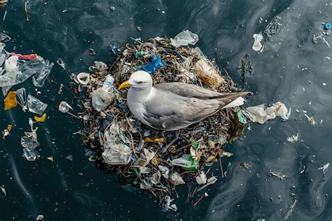 A Seagull Is Floating In A Large Pile Of Trash Premium Ai Generated Image
