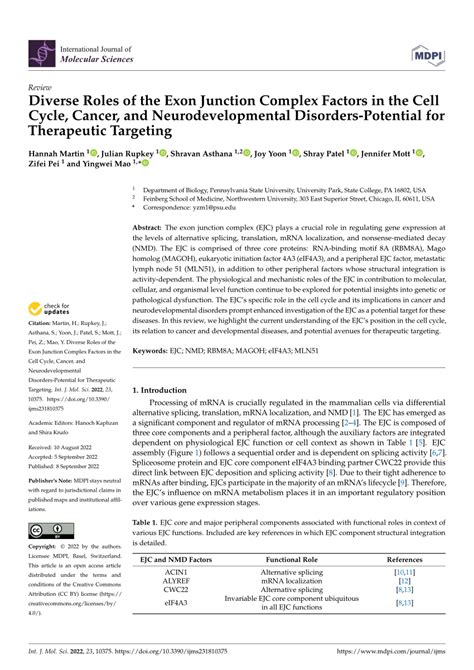 Pdf Diverse Roles Of The Exon Junction Complex Factors In The Cell