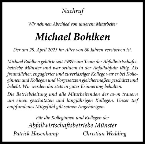 Traueranzeigen Von Michael Bohlken Trauerms