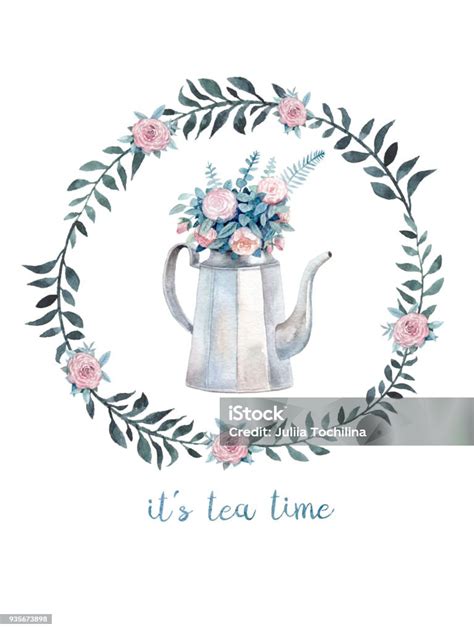 화 환에 장미 꽃다발과 함께 빈티지 수채화 주전자 아늑한 차 시간 인사말 카드 수채화로 그린 0명에 대한 스톡 벡터 아트 및 기타 이미지 Istock