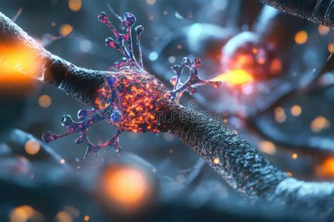 Close Up View Of A Neuron In A Colorful Neural Network Illustrating Brain Activity Stock Image