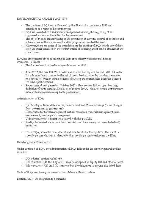 Environmental Quality Act 1974 Overview And Key Provisions Studocu
