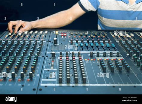 Sound Engineer Working Professional Analog Audio Mixing Console Stock