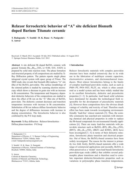 Pdf Relaxor Ferroelectric Behavior Of A” Site Deficient Bismuth Doped Barium Titanate Ceramic