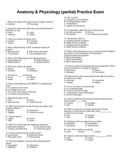 Practice Final Exam Anatomy Physiology Partial Practice Exam