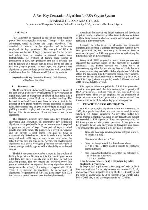 Pdf A Fast Key Generation Algorithm For Rsa Crypto System