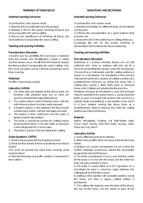 Hpct Lab Act Finals Tissue Block Microtomy And Sectioning Notes Studocu