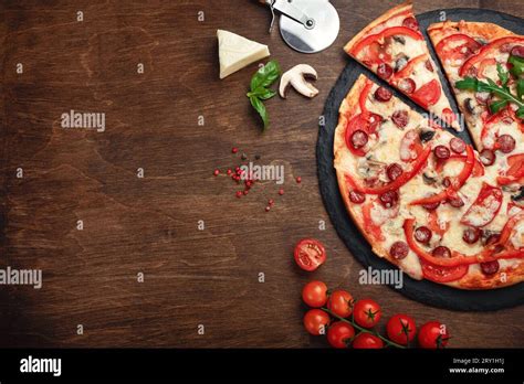 Pizza With Smoked Sausages Cheese Mushrooms Cherry Tomatoes Bell