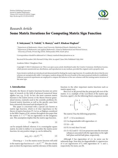 Pdf Some Matrix Iterations For Computing Matrix Sign Function